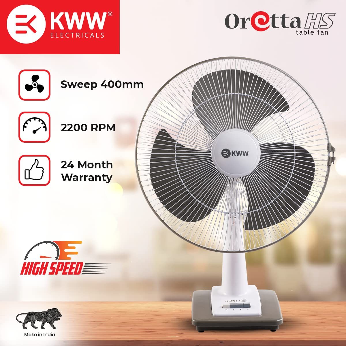 Buy KWW Oretta HS 400 mm 3 Blades White and Grey Table Fan online at ...